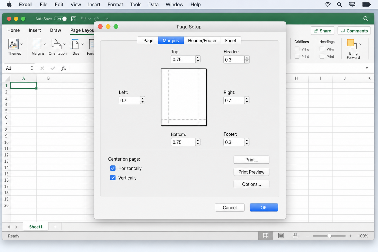 How to Center a Worksheet on a Page When Printing in Excel